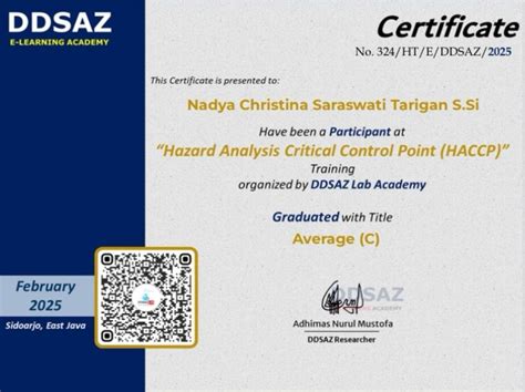 Certificate Of Hazard Analysis Critical Control Point Haccp Nadya