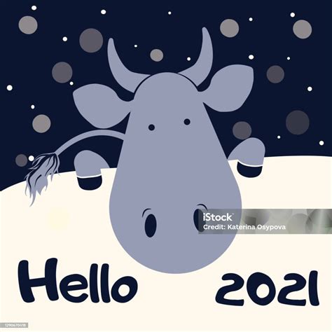레터링 헬로 2021귀여운 옥스 재미있는 황소와 함께 2021 년 행복한 중국 새해를위한 흑백 인사말 카드 벡터 그림입니다 사각형 인사말 카드 0명에 대한 스톡 벡터 아트