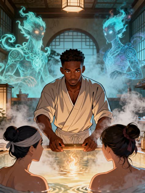 A Line Art Anime Scene At A Mystical Bathhouse With Man As The