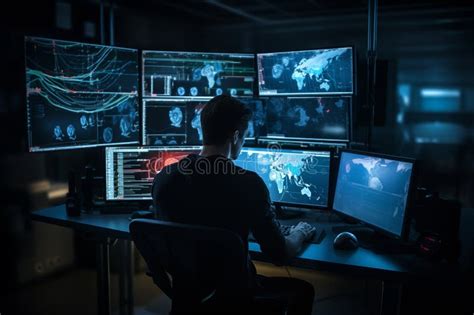 Hacker Sitting In Front Of Many Computer Screens Generative Ai Stock