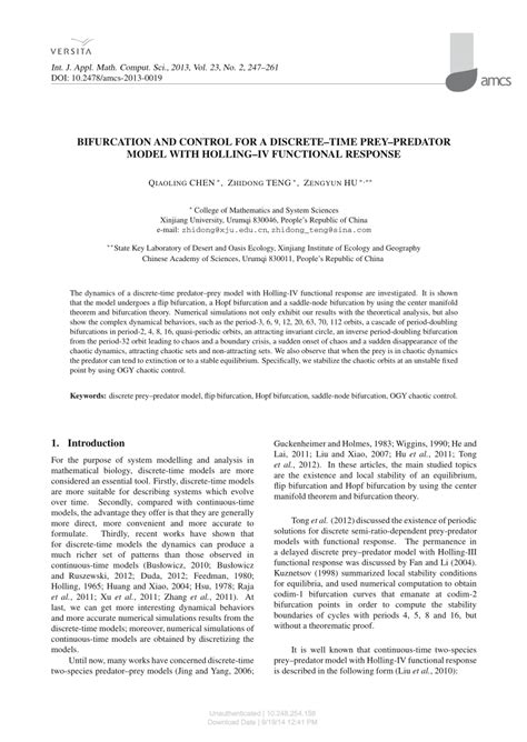 Pdf Bifurcation And Control For A Discrete Time Prey Predator Model With Holling Iv Functional
