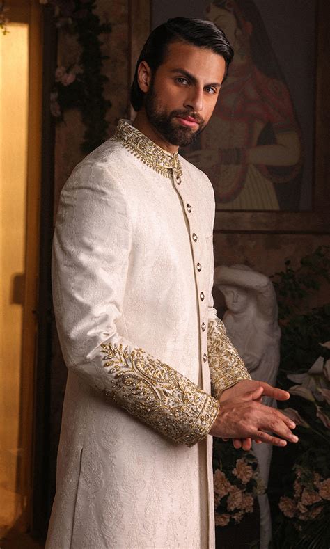 Pakistani Groom Dress In Raw Silk Ivory Sherwani Style