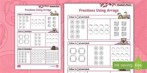 Wombats Picnic Fractions Using Arrays Worksheet Array Worksheets