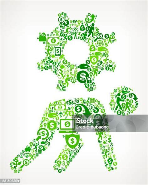Stick Figure Pushing Gear Money Và Tài Trợ Nền Biểu Tượng Vector Xanh