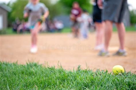 Selective Focus On Grass With Blurred Girls Softball Game In The