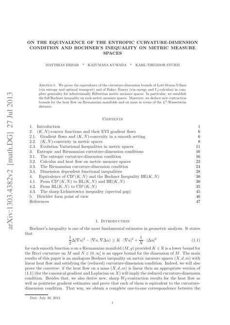 Pdf On The Equivalence Of The Entropic Curvature Dimension Condition And Bochners Inequality