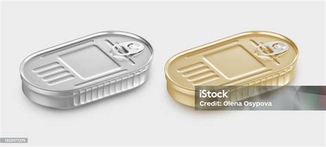 주석은 텍스트 3d 렌더링 템플릿 은색 및 황금 타원형 용기로 통조림된 물고기의 보기와 함께 새로운 디자인을 할 수 있습니다 강철에 대한 스톡 사진 및 기타 이미지 Istock