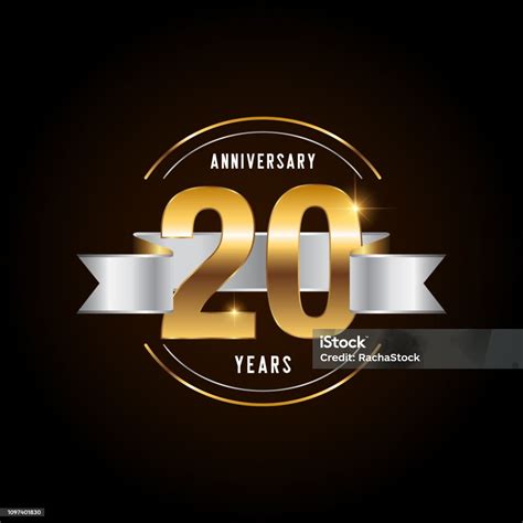 20 년 주년 기념 로고 리본으로의 황금 기념일 상징 소책자 전단지 잡지 브로셔 포스터 웹 초대 또는 인사말 카드에 대 한 디자인 벡터 일러스트입니다 20에 대한 스톡 벡터
