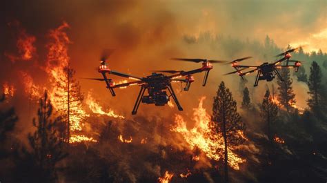 Autonomous Firefighting Drones Extinguishing Wildfires Drones Coordinating To Suppress A Large