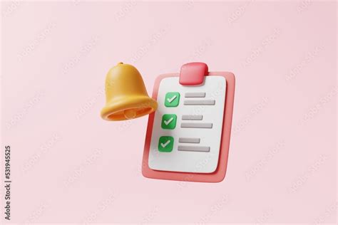 Pink Clipboard With Checklist Paper Sheet Green Checkbox Correct Check Mark And Alarm Bell On