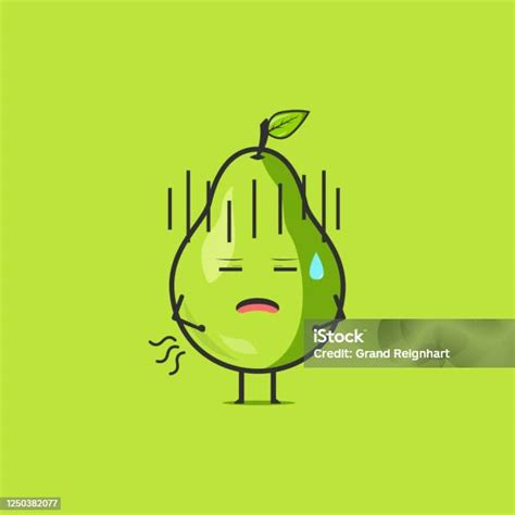 재미있는 귀여운 배 캐릭터 벡터 플랫 배 만화 캐릭터 아픈 느낌 녹색 배경에 격리 배 과일 컨셉 감정에 대한 스톡 벡터 아트 및