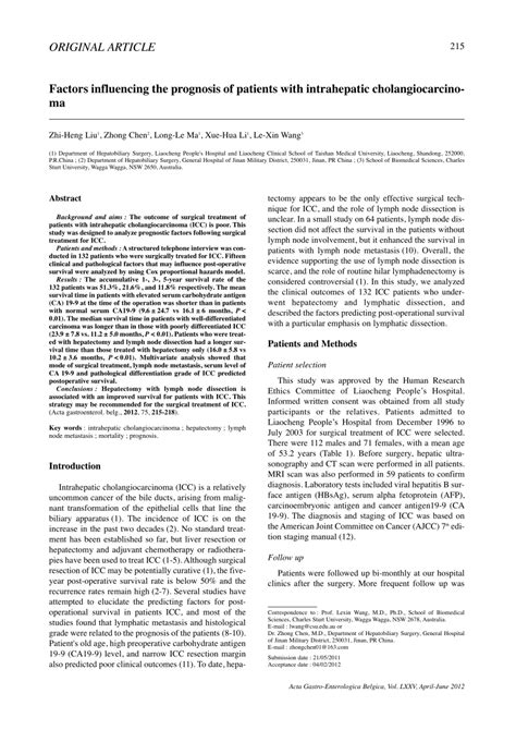 Pdf Factors Influencing The Prognosis Of Patients With Intrahepatic Cholangiocarcinoma