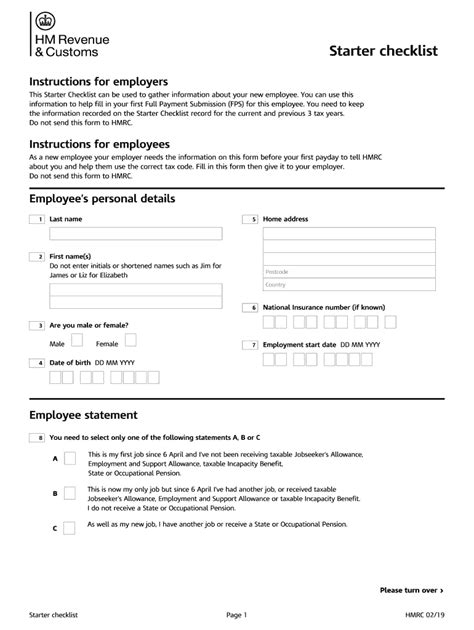 Hmrc Starter Checklist Printable Form Printable Forms Free Online