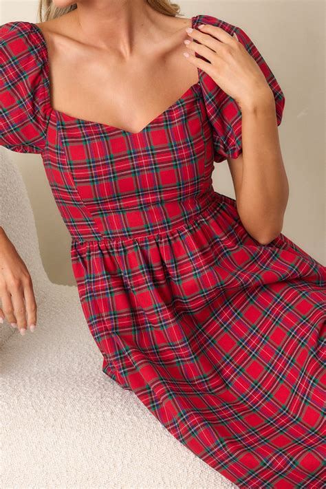 100 Cotton Red Plaid Puff Sleeve Midi Dress All Dresses Red Dress