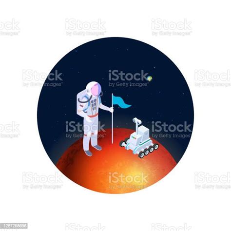 우주 비행사와 화성 벡터 그림에 로버 붉은 행성에 깃발이있는 우주복을 입은 등극적 인 우주 비행사 화성 벡터 개념의 식민지화