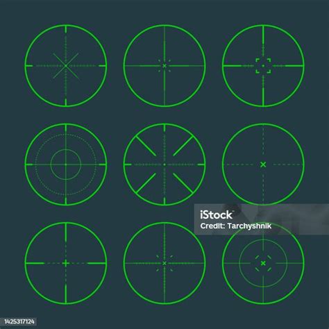 다양한 저격 소총 야간 명소 무기 광학 범위 십자선 사냥총 그린 뷰파인더 촬영 마크 기호 목표 군사 목표 표지판 게임 인터페이스