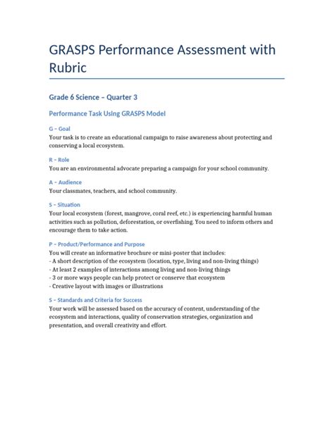 Grasps Performance Assessment Grade6 Science Pdf Conservation