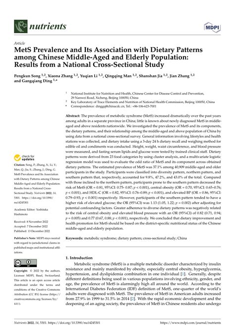 Pdf Mets Prevalence And Its Association With Dietary Patterns Among Chinese Middle Aged And
