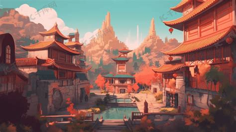 中国风中式古典建筑繁华街道插画图片 千库网