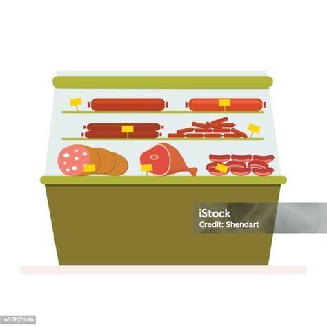 냉장고에 햄 소시지와 육류 제품 카운터 상점 또는 슈퍼마켓에 식품을 저장 하기 위한 냉장 장비 벡터 Eps10 흰색 배경에 고립