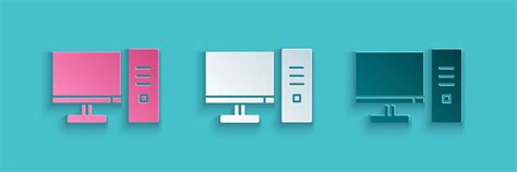 파란색 배경에서 격리된 컴퓨터 모니터 아이콘을 용지 잘라냅니다 Pc 구성 요소 기호입니다 종이 아트 스타일 벡터 일러스트레이션 컴퓨터에 대한 스톡 벡터 아트 및 기타 이미지