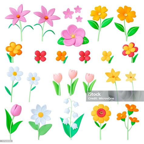 꽃 3d 요소 여름 꽃 장난감 점토 렌더링 플라스틱 모방 컬러 튤립 카모마일 잔디 격리된 데이지 현실적인 Pithy 벡터 세트