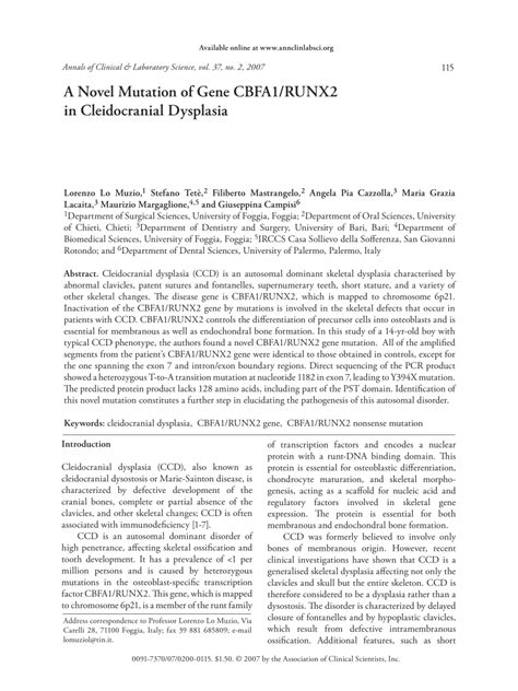 pdf a novel mutation of gene cbfa1 runx2 in cleidocranial dysplasia