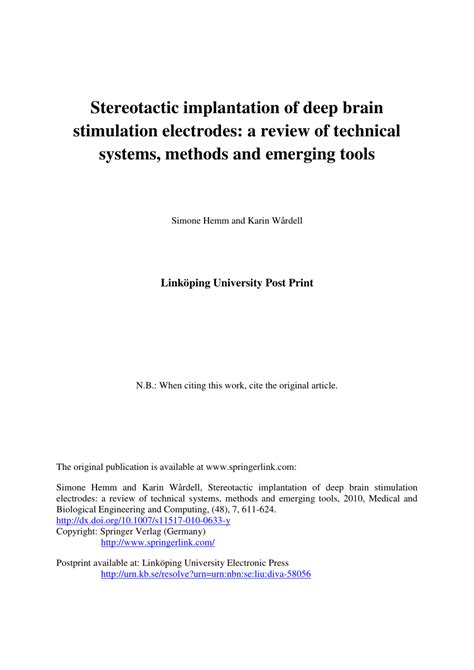Pdf Stereotactic Implantation Of Deep Brain Stimulation Electrodes A Review Of Technical