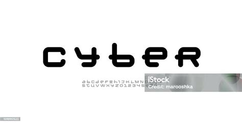 테크니컬 와이드 두꺼운 미래 글꼴 디지털 사이버 알파벳 A부터 Z까지의 트렌디한 원형 대문자 굵은 글씨와 0에서 9까지의 숫자 벡터 일러스트레이션 10eps 7에 대한 스톡