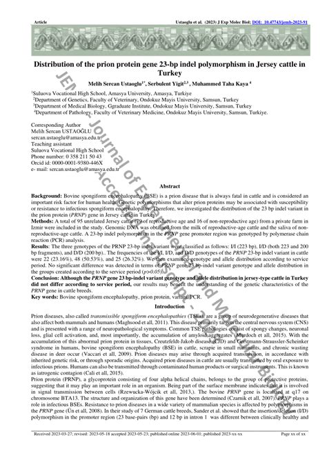 Pdf Distribution Of The 23 Bp Polymorphism Of The Prion Protein Gene In Jersey Cattles In Turkey