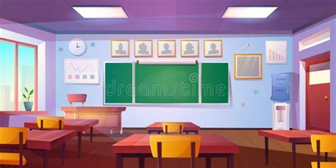 Cartoon Empty Classroom Interior With Blackboard Wooden Tables And