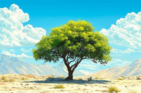 Single Green Tree In The Desert Illustration Life And Prosperity