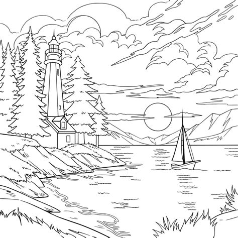 Beautiful Lighthouse Sunset Scenery Coloring Page Enjoy The Fun Of