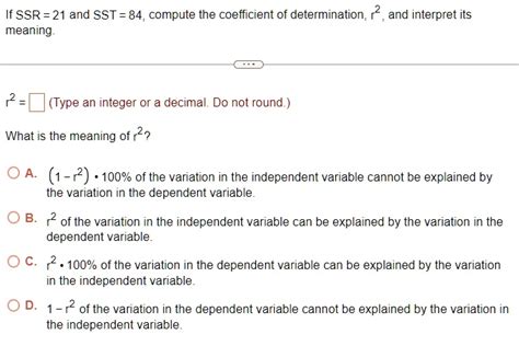 solved if ssr 21 and sst 84 compute the coefficient of