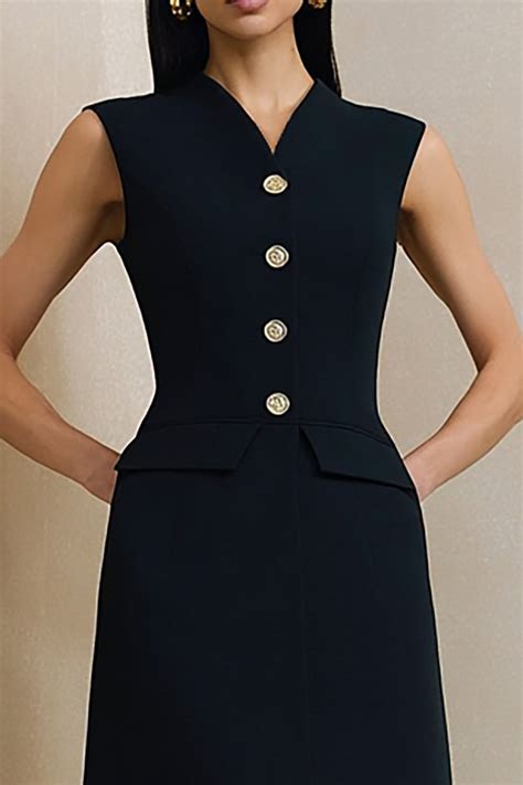 Zapaka Women Black Midi Work Dress Sheath V Neck Single Breasted