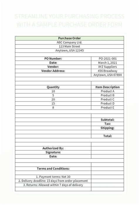 Streamline Your Purchasing Process With A Sample Purchase Order Form Excel Template And Google