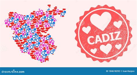 Collage Of Sexy Smile Map Of Cadiz Province And Grunge Heart Stamp