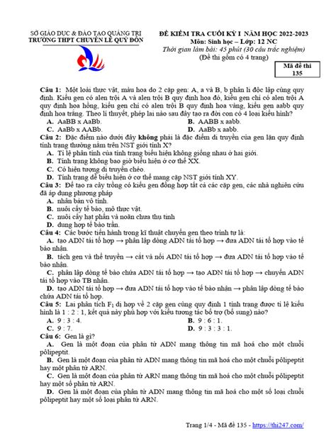 De Cuoi Ki 1 Sinh Hoc 12 Nam 2022 2023 Truong Thpt Chuyen Le Quy Don Quang Tri | PDF