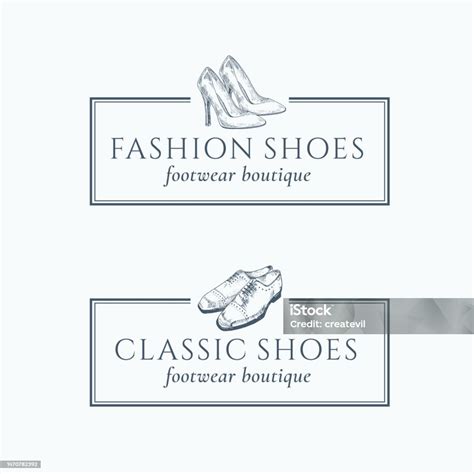 클래식 패션 신발 신발 부티크 추상 벡터 기호 기호 엠블럼 템플릿 세트 손으로 만든 클래식 신발 일러스트레이션 레이블 복고풍