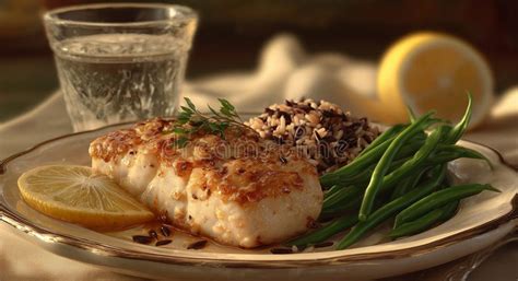 Elegant Dinner Plate Featuring Baked Cod With Sides And Warm Atmosphere