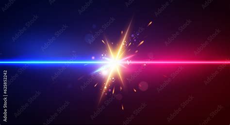 Blue And Red Laser Beam Shooting With An Explosion In The Middle Stock