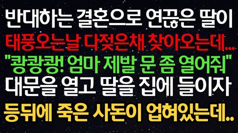 실화사연 반대하는 결혼으로 연끊은 딸이 태풍오는날 다 젖은채 찾아오는데쾅쾅쾅 엄마 제발 문 좀 열어줘대문을 열고