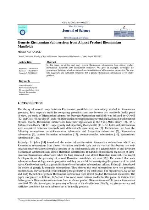 Pdf Generic Riemannian Submersions From Almost Product Riemannian Manifolds