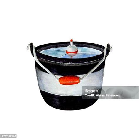 수채화 그리기 낚시 양동이 빨간색 손잡이가 있는 흑백 물이 가득 차 있고 중간에 보블러가 떠 있습니다 배경 화면 로고 배너 아이콘 카드 전단지 직물 엽서 포장지 스티커 배경