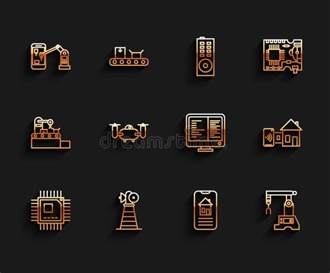 Set Line Processor With Microcircuits Cpu Antenna Industrial Machine Robotic Robot Arm Hand