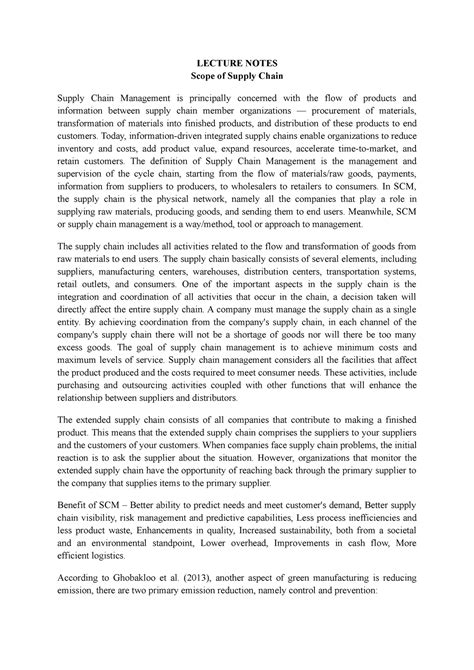 Supply Chain Management Scope Of Supply Chain Lecture Notes Scope Of