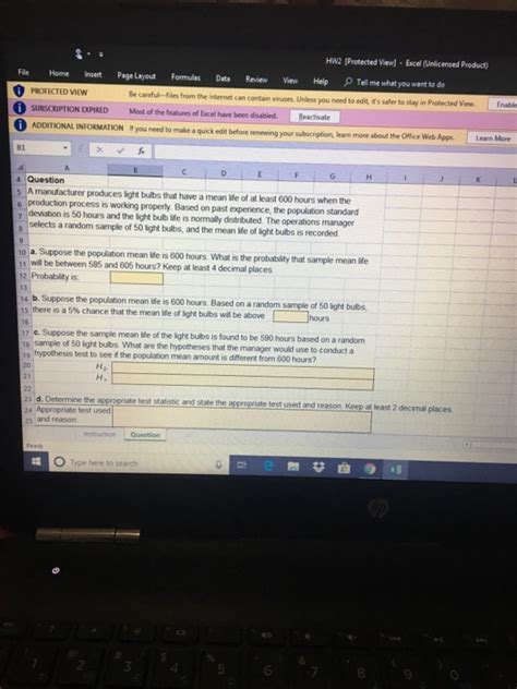 Solved Hw2 Iprotected View Excel Unlicensed Product File