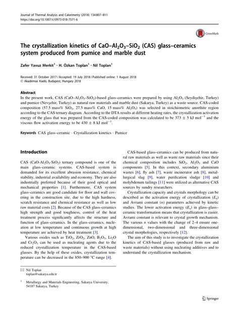 Pdf The Crystallization Kinetics Of Caoal2o3sio2 Cas Glass