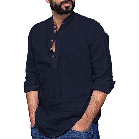 Taiaojing Mens Casual Blouse Simple Solid Color Collar Loose Elegant