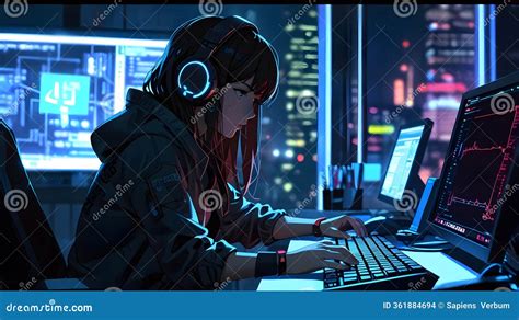 Cyberpunk Hacker In A Futuristic City Surrounded By Holographic